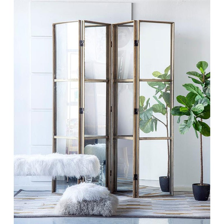 Wooden and Mirror Folding Screen Divider at 1stDibs