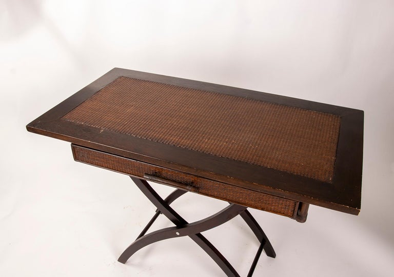 Wooden and Wicker Folding Table with Frontal Drawer For Sale at 1stDibs