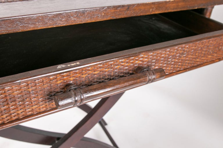 Wooden and Wicker Folding Table with Frontal Drawer For Sale at 1stDibs