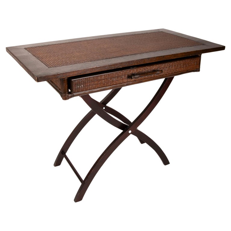 Wooden and Wicker Folding Table with Frontal Drawer For Sale at 1stDibs