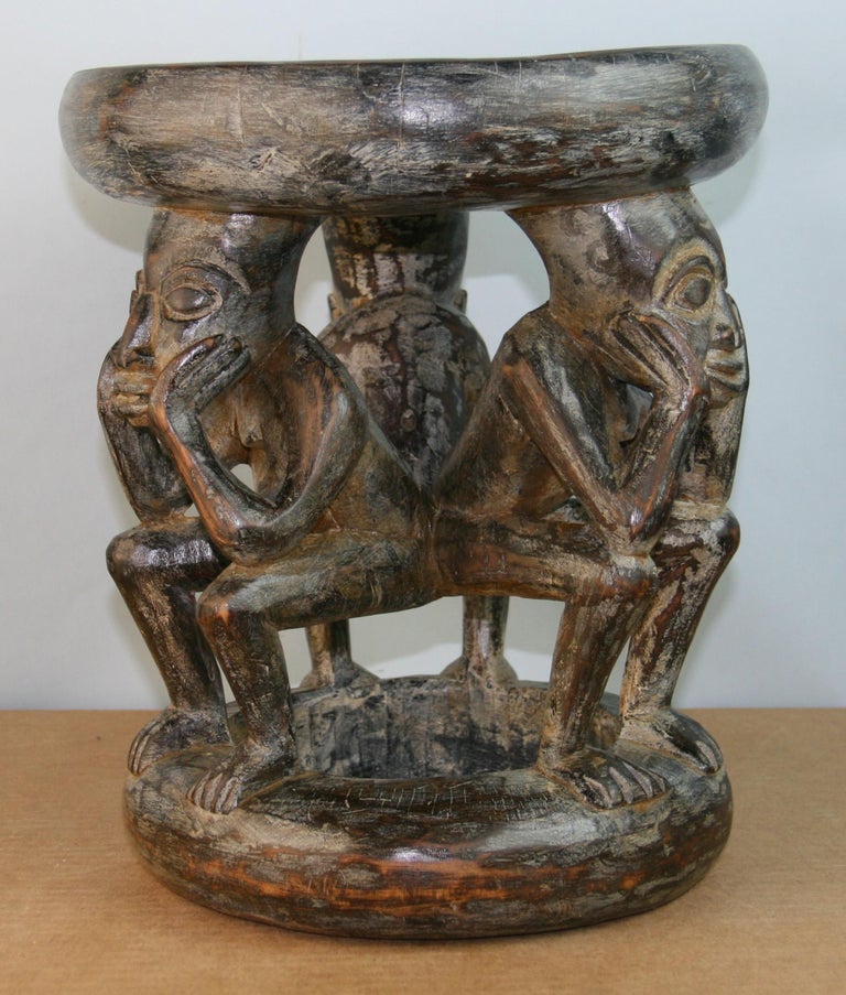 African Wooden Carved Stool Figural Group For Sale at 1stDibs