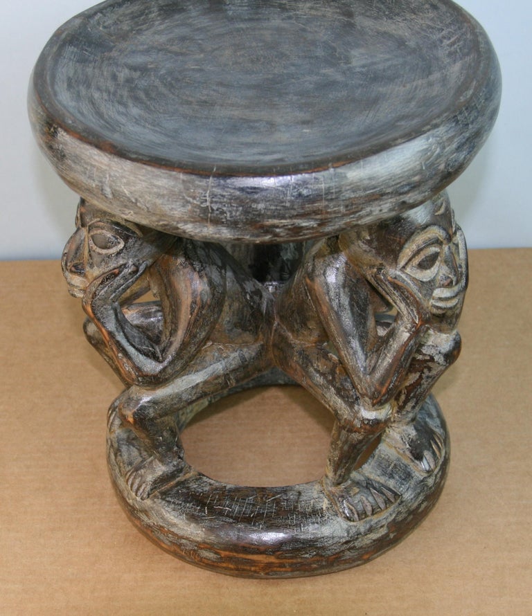 African Wooden Carved Stool Figural Group For Sale at 1stDibs