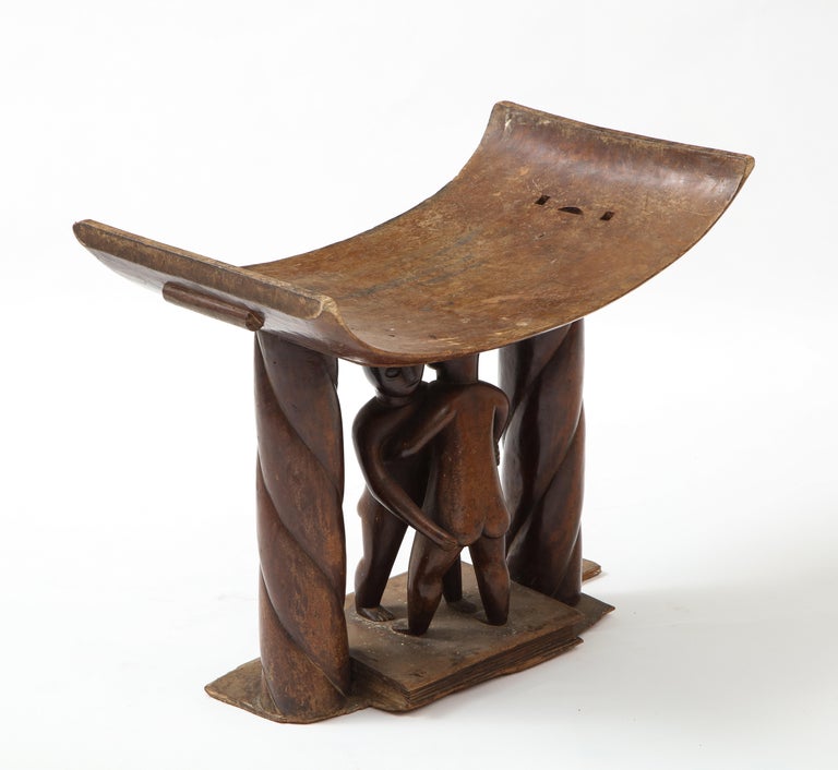 Wooden Carved Akan Stool with Wrestlers For Sale at 1stDibs