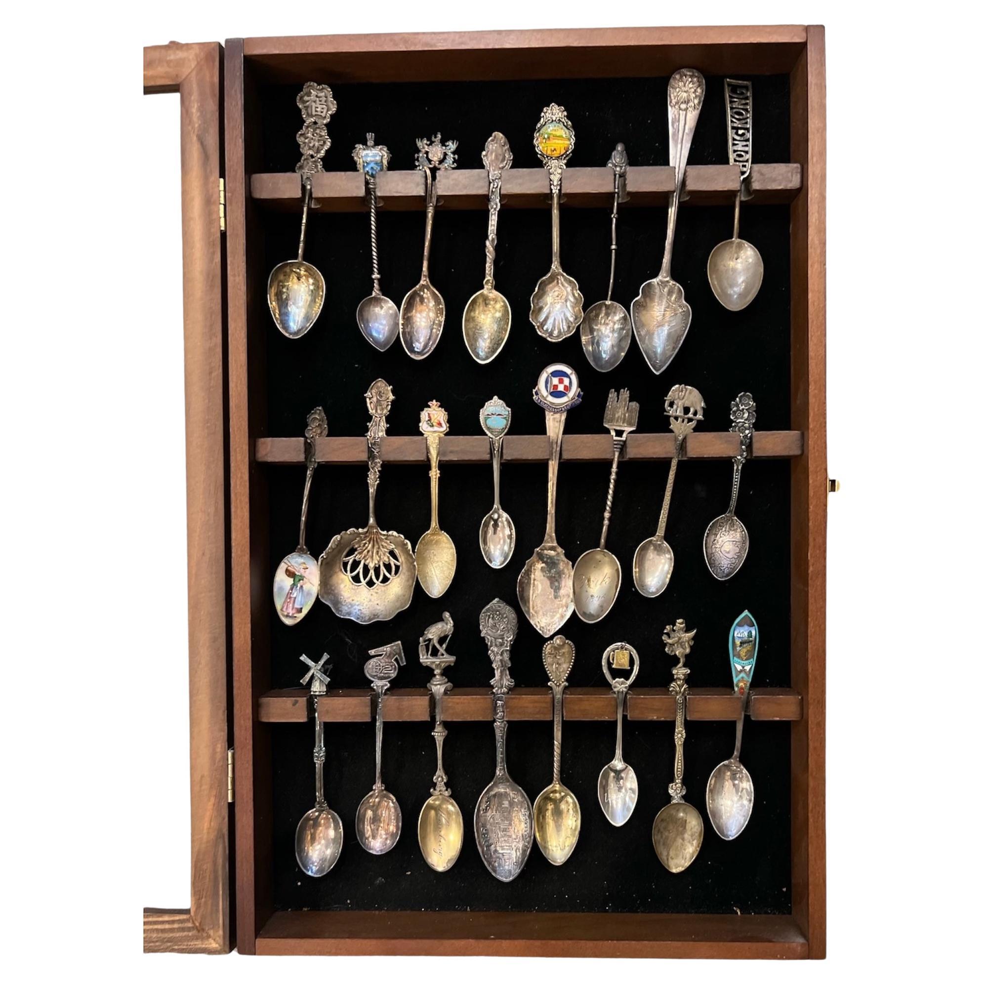 Wooden Glass Case Collectors Sterling Silver/Silver Plate/Enamel Spoons ...