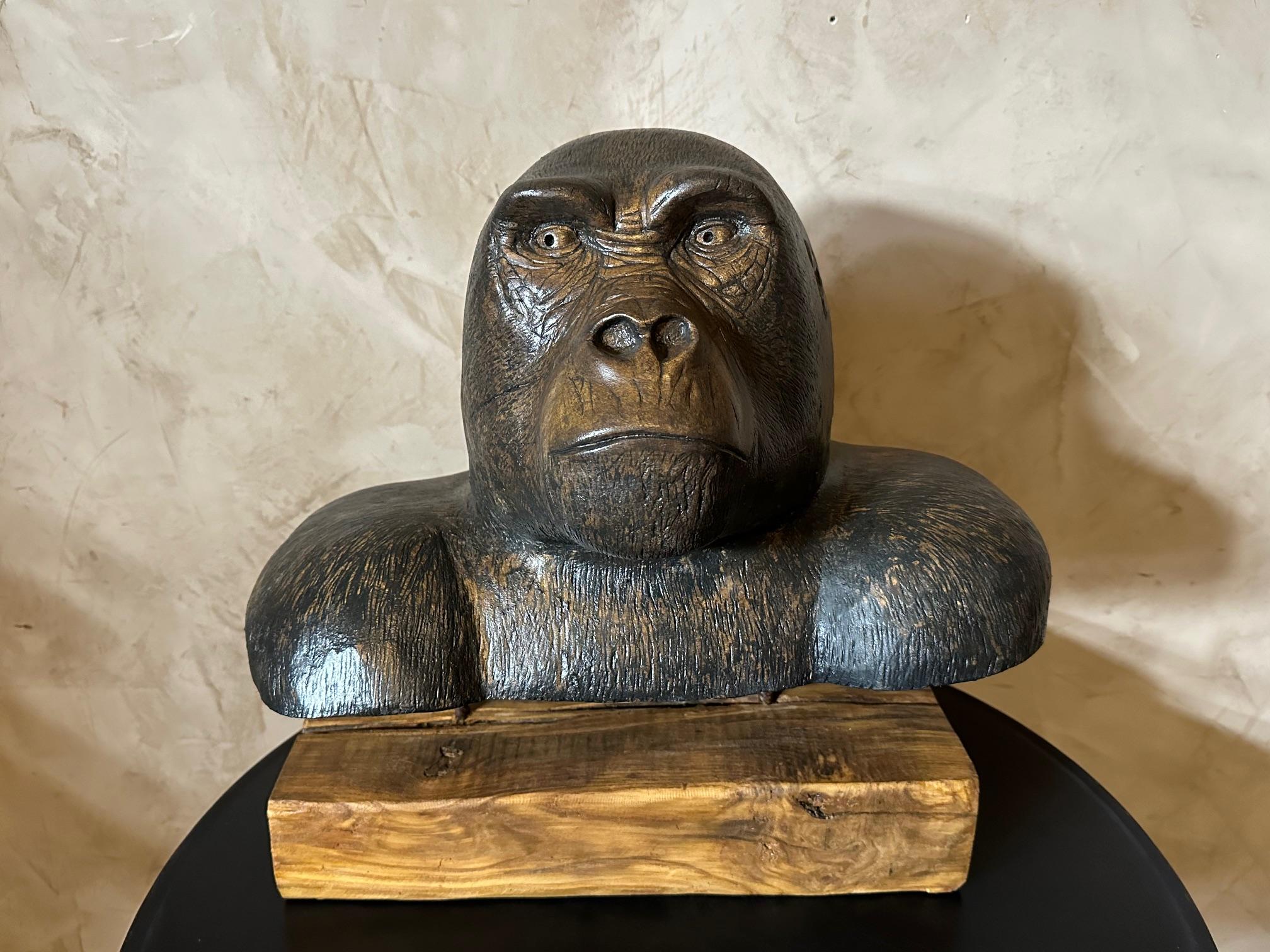 Wooden Gorilla Bust Sculpture made by French Artist For Sale at 1stDibs