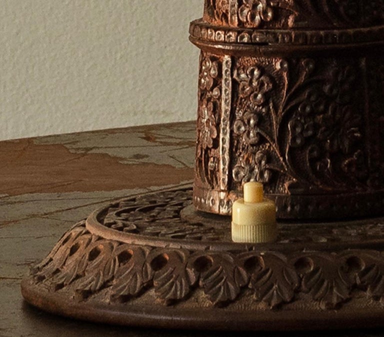 Wooden Table Lamp Carved with Classical Indian Designs of Flowers ...