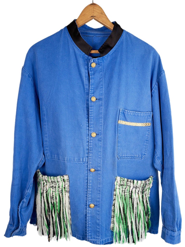 Wool Fringes Embellished Pockets Blue Cobalt Cotton French Work Wear J ...