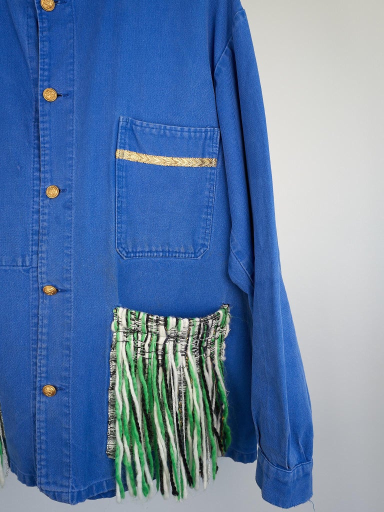 Wool Fringes Embellished Pockets Blue Cobalt Cotton French Work Wear J ...