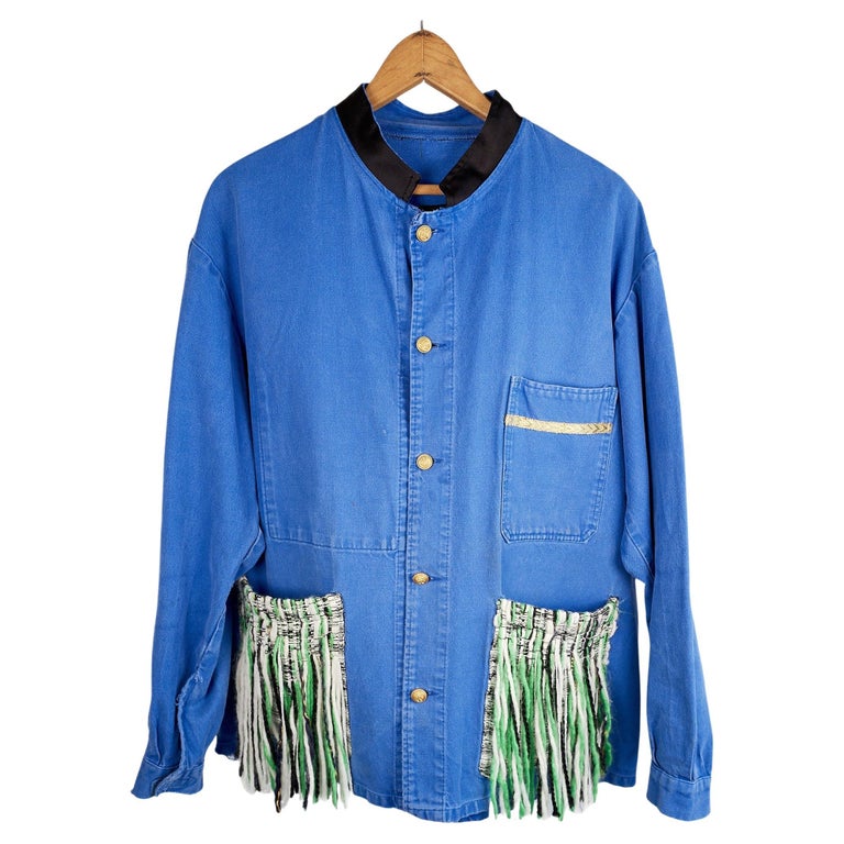 Wool Fringes Embellished Pockets Blue Cobalt Cotton French Work Wear J ...