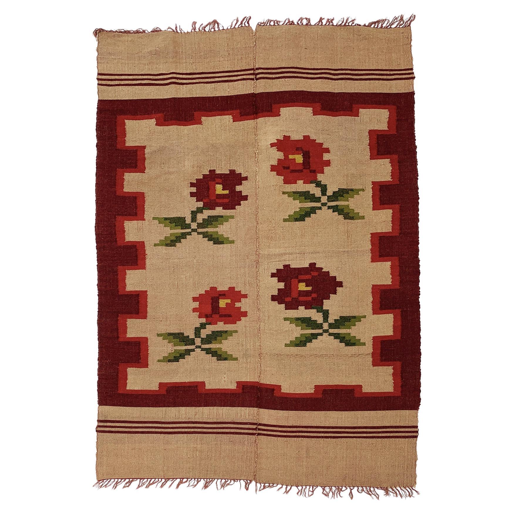 Handmade 1960s Black Red Brown Striped Wool Rug Throw Geometric Designs ...