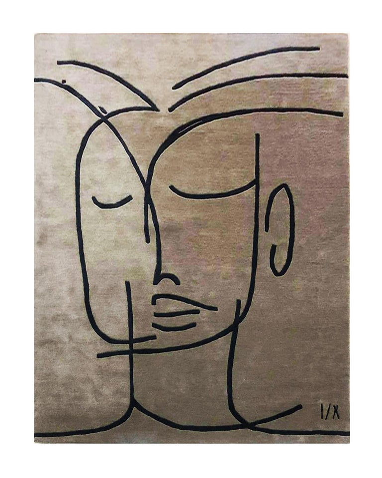 Rug Wool Modern Black dark Beige Neutral black Lines Portrait Tufted ...