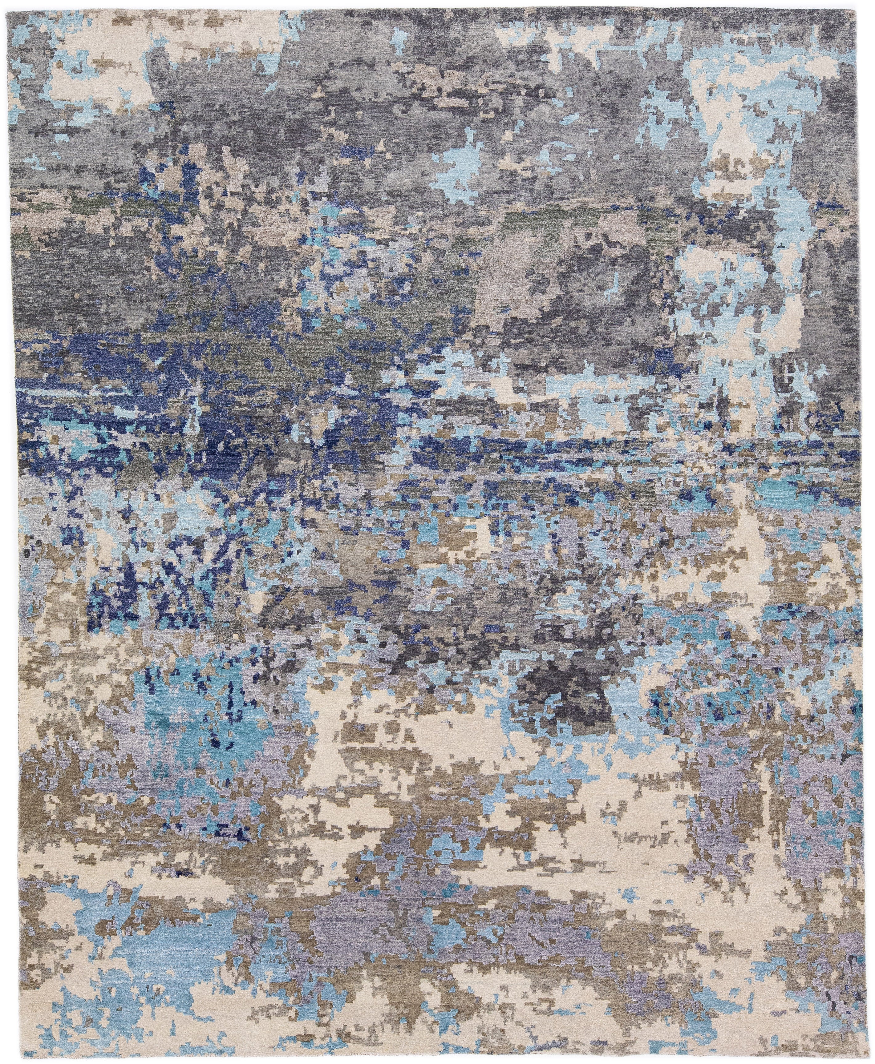 Wool and Silk Contemporary Abstract Rug with Gray and Blue Color For ...