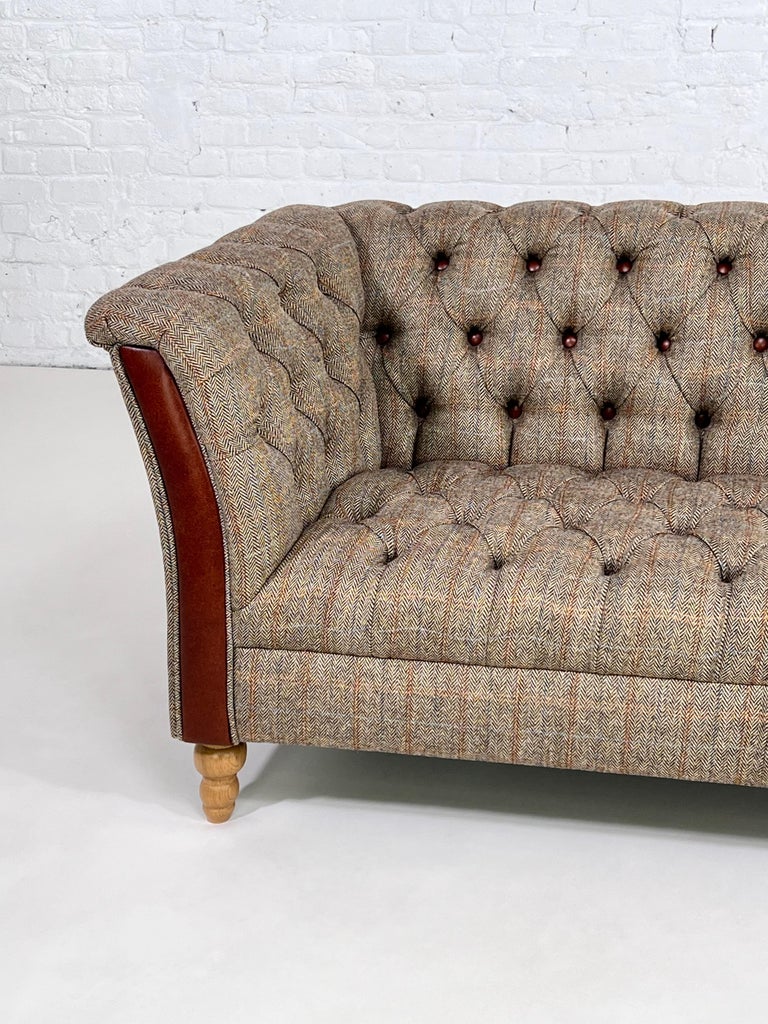 Wool Tweed Fabric with Leather Finishes and Wood Chesterfield Sofa For ...