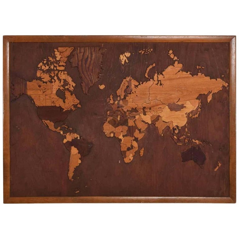 1950s WORLD MAP Wall Art Custom Hand Carved Exotic Wood Carpentry at ...