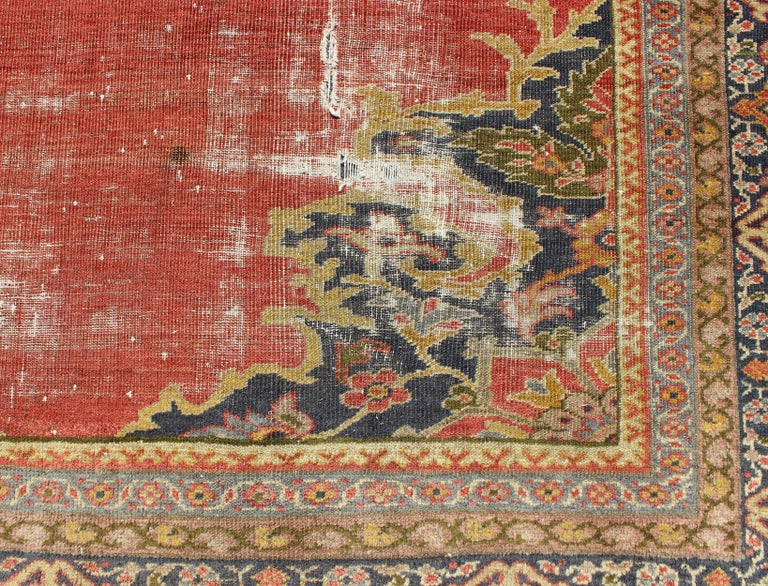 Worn Antique Persian Ziegler Gallery Rug with Central Medallion in Red ...