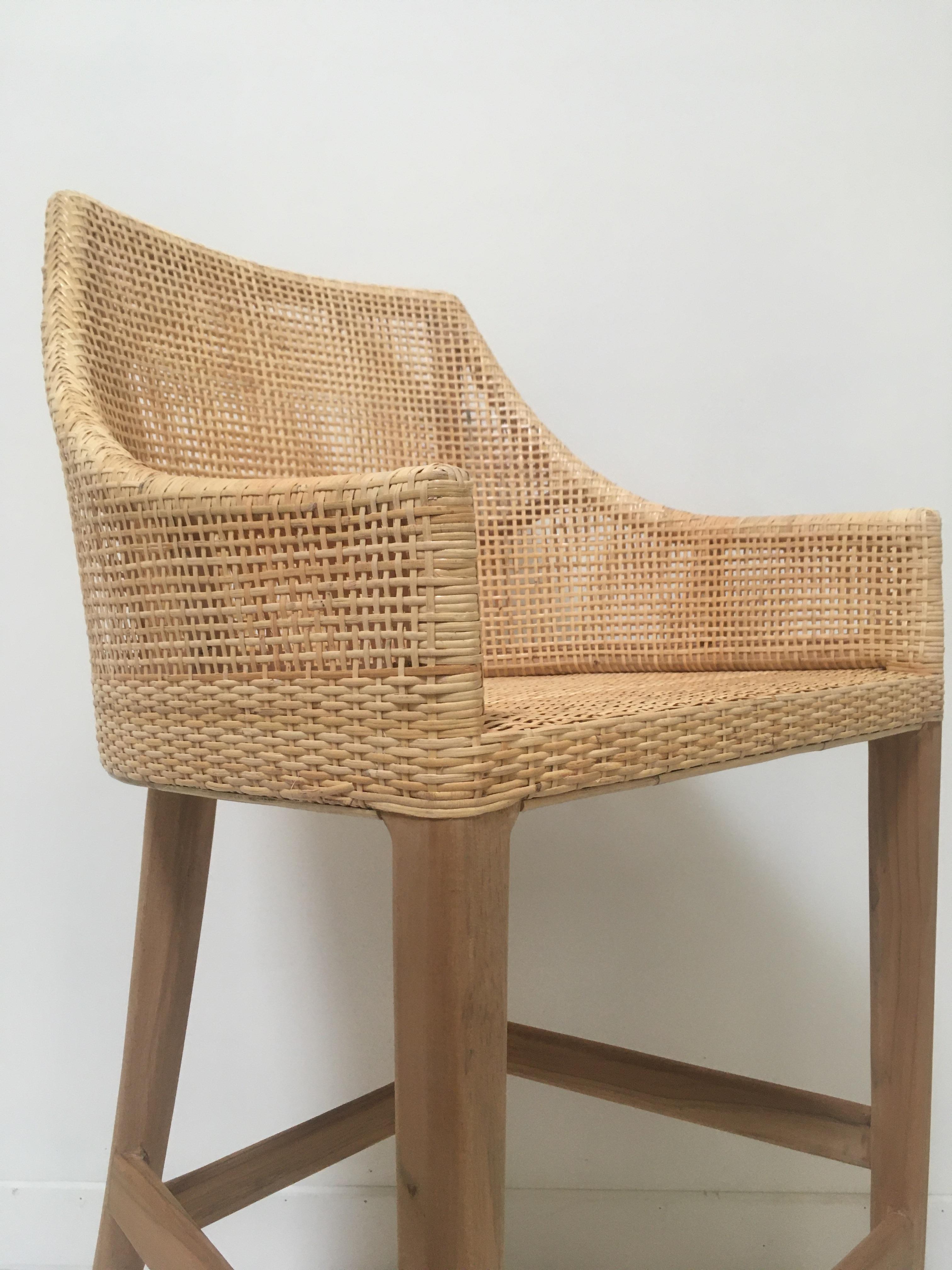 Woven Cane Rattan and Teak Wooden Set of Six Bar Stools For Sale at 1stDibs
