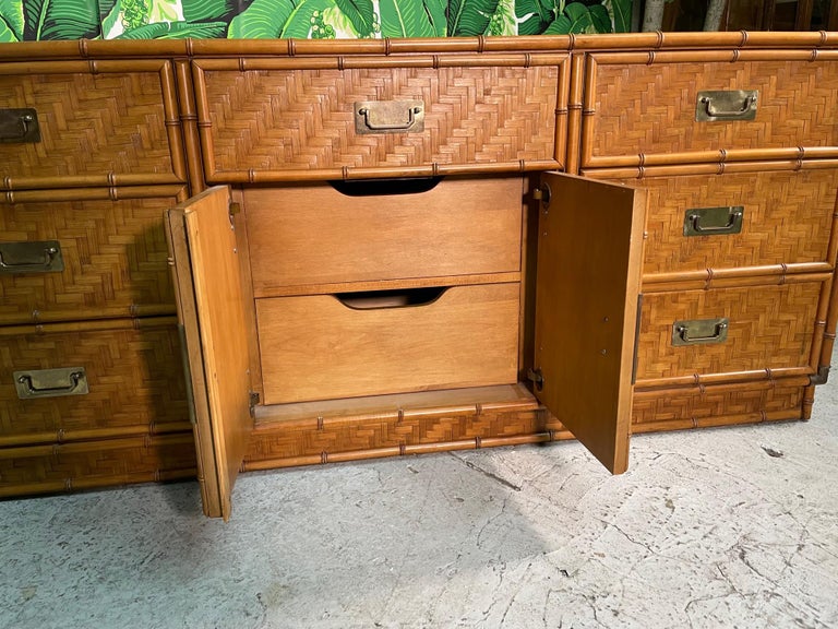 Woven Herringbone Rattan and Brass Faux Bamboo Dresser at 1stDibs