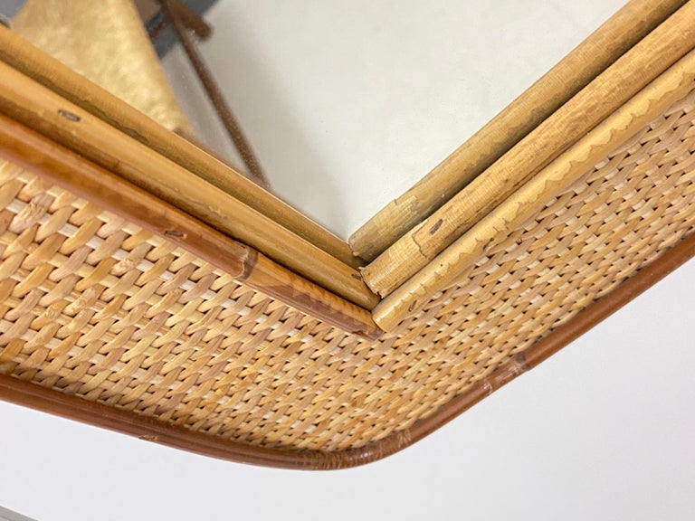 Woven Herringbone Rattan Faux Bamboo Wall Mirror France, circa 1970 For ...