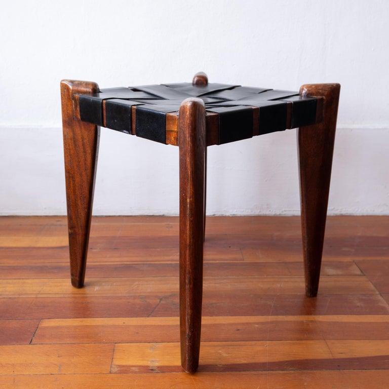 Woven Leather and Solid Teak Stool For Sale at 1stDibs