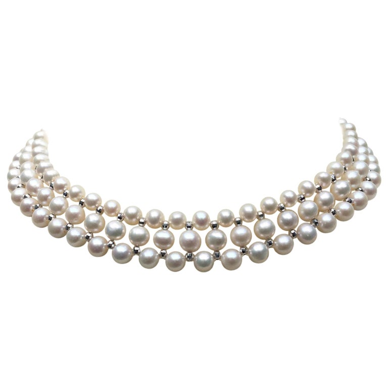 Marina J Woven Pearl Necklace With 14 K White Gold Faceted Beads And