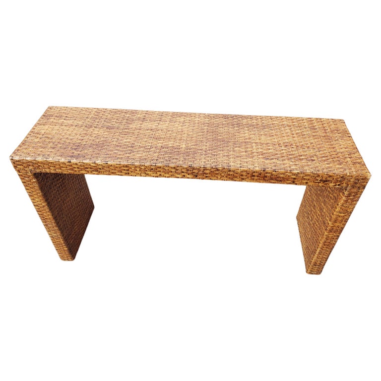 Woven Wicker Parsons Style Console Table Sofa Table with Glass Top ...