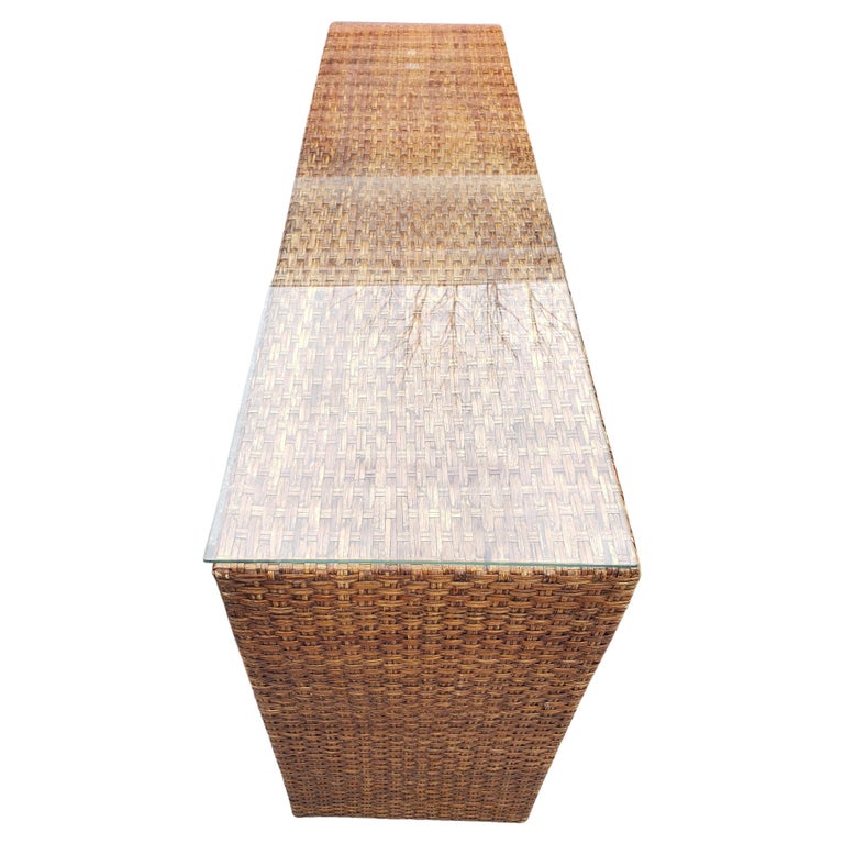 Woven Wicker Parsons Style Console Table Sofa Table with Glass Top ...