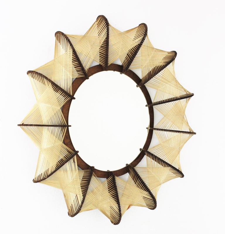 Woven Wicker Rattan Wooden Round Mirror, France, 1960s For Sale at 1stDibs