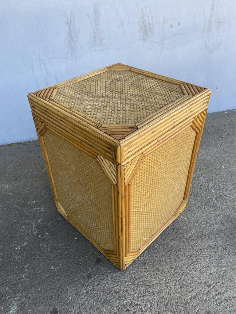 Woven Wicker Stick Rattan Box Side Table Cabinet For Sale at 1stDibs