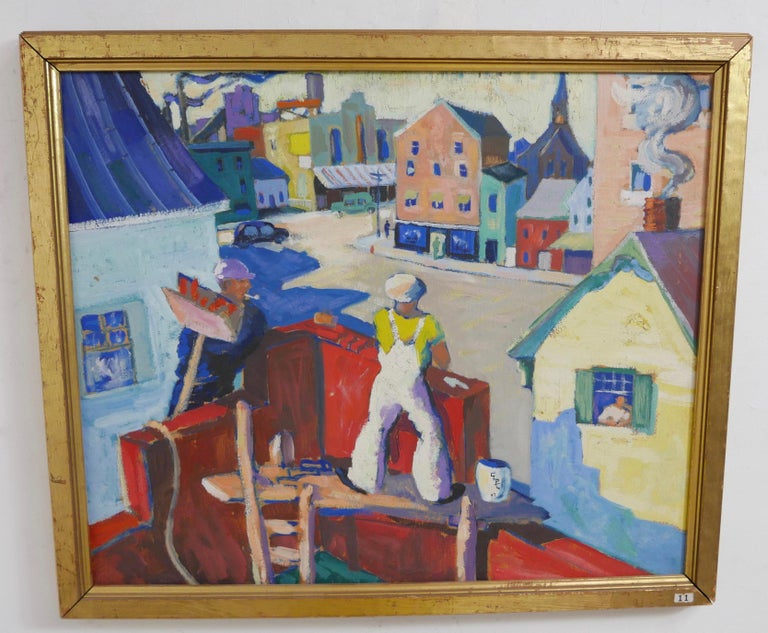 WPA Era Mural Style Painting of Men Working, American, 1930s at 1stDibs