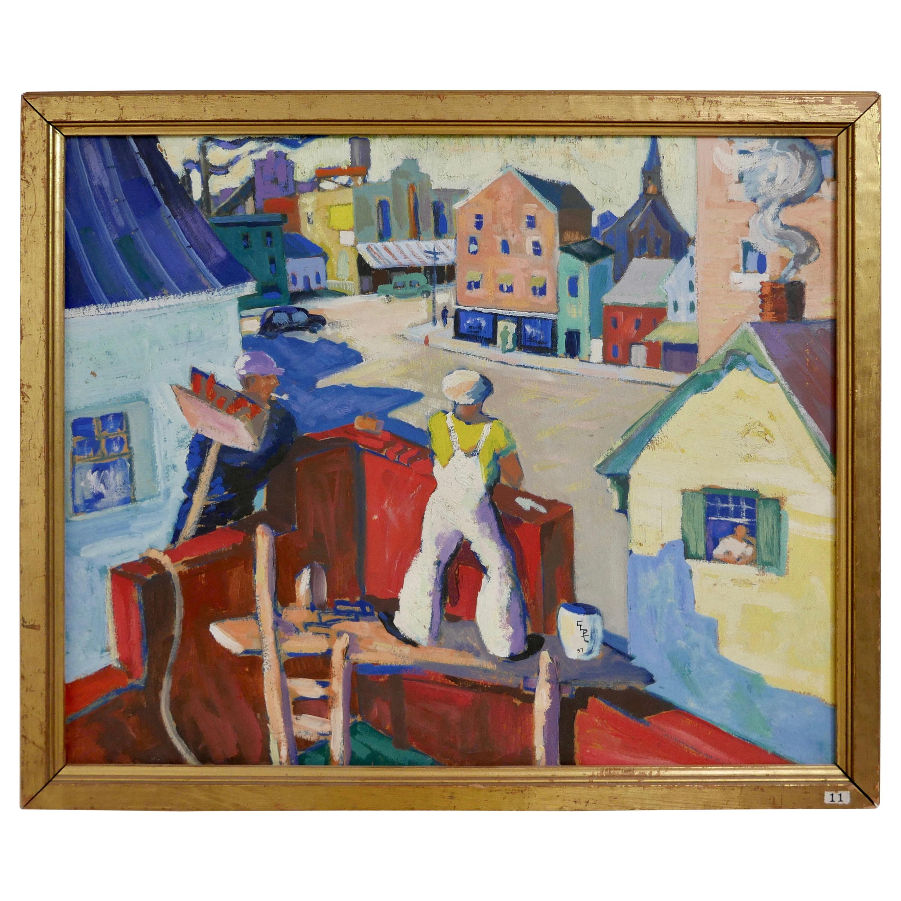 WPA Era Mural Style Painting of Men Working, American, 1930s at 1stDibs