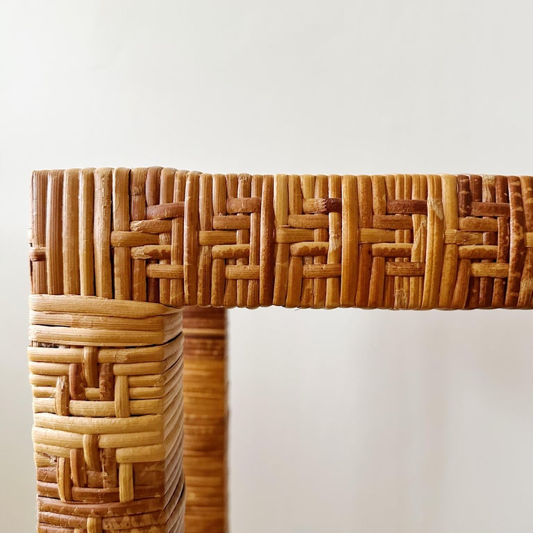 Wrapped Rattan Coastal Tiered Glass Top Vintage Console For Sale at 1stDibs