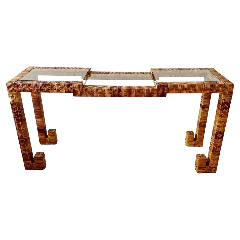 Wrapped Rattan Coastal Tiered Glass Top Vintage Console For Sale at 1stDibs