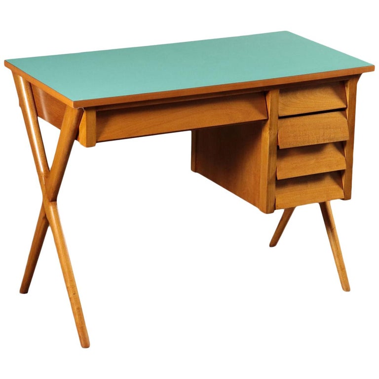 Writing Desk Beech Veneered Solid Wood Formica, Italy, 1950s at 1stDibs
