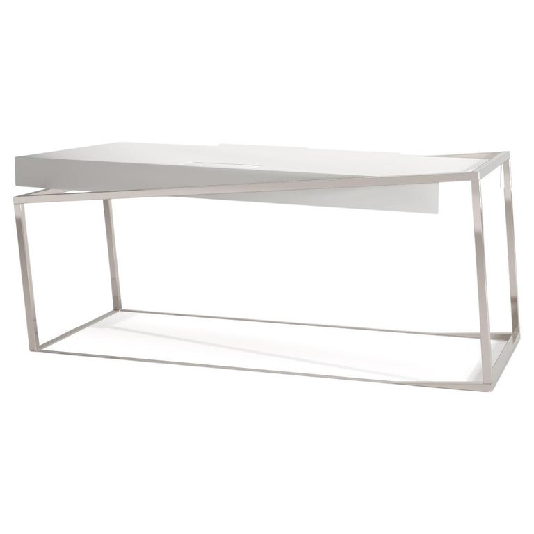 Home Office Writing Executive Desk in White Lacquer and Brushed ...