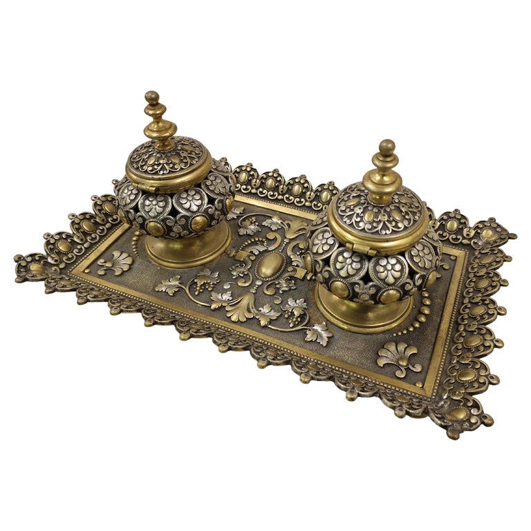 Special writing Set, inkwell, bronze, silvered, Napoleon III, ~1880 ...