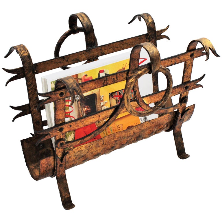 Spanish Magazine Rack with Ring Handles, Gilt Wrought Iron, 1950s For ...