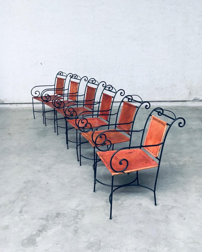 Wrought Iron and Cognac Leather Swirl Dining Chair Set, Spain, 1960's ...