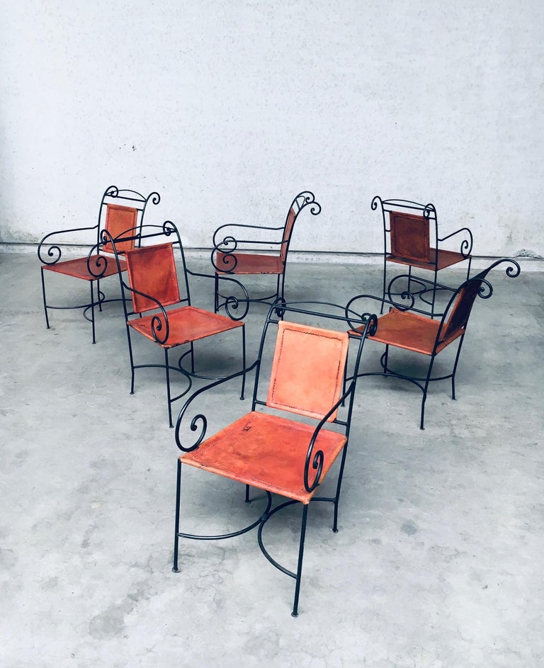 Wrought Iron and Cognac Leather Swirl Dining Chair Set, Spain, 1960's ...