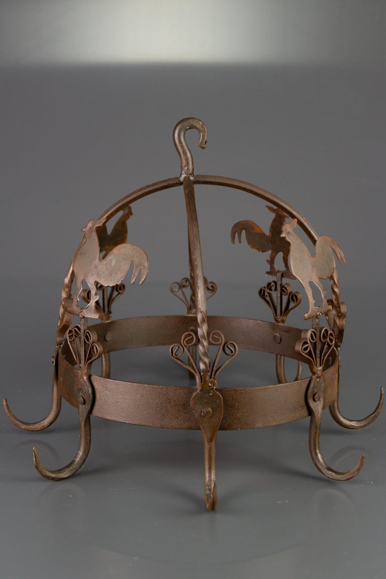 Wrought Iron and Metal Rooster Hanging Pot Rack For Sale at 1stDibs