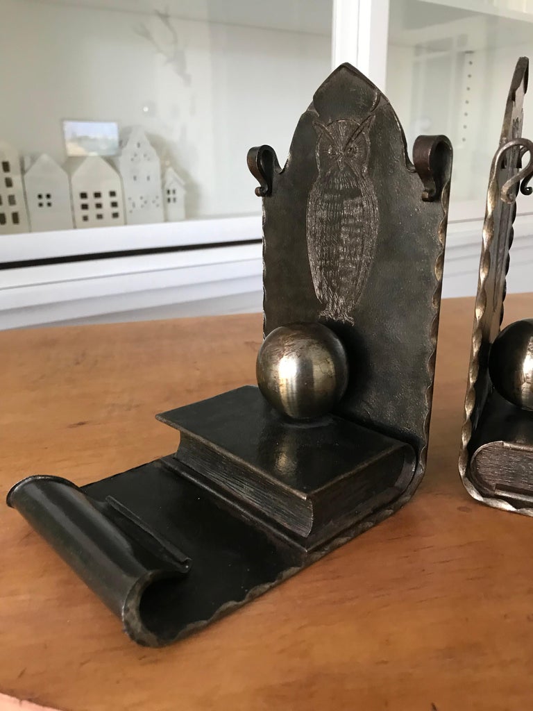 Wrought Iron Art and Crafts Bookends with Metal Books and Engraved Owl ...
