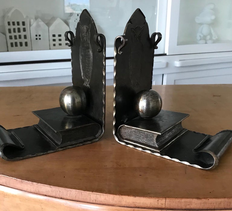 Wrought Iron Art and Crafts Bookends with Metal Books and Engraved Owl ...