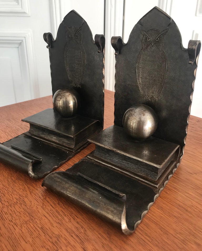Wrought Iron Art and Crafts Bookends with Metal Books and Engraved Owl ...