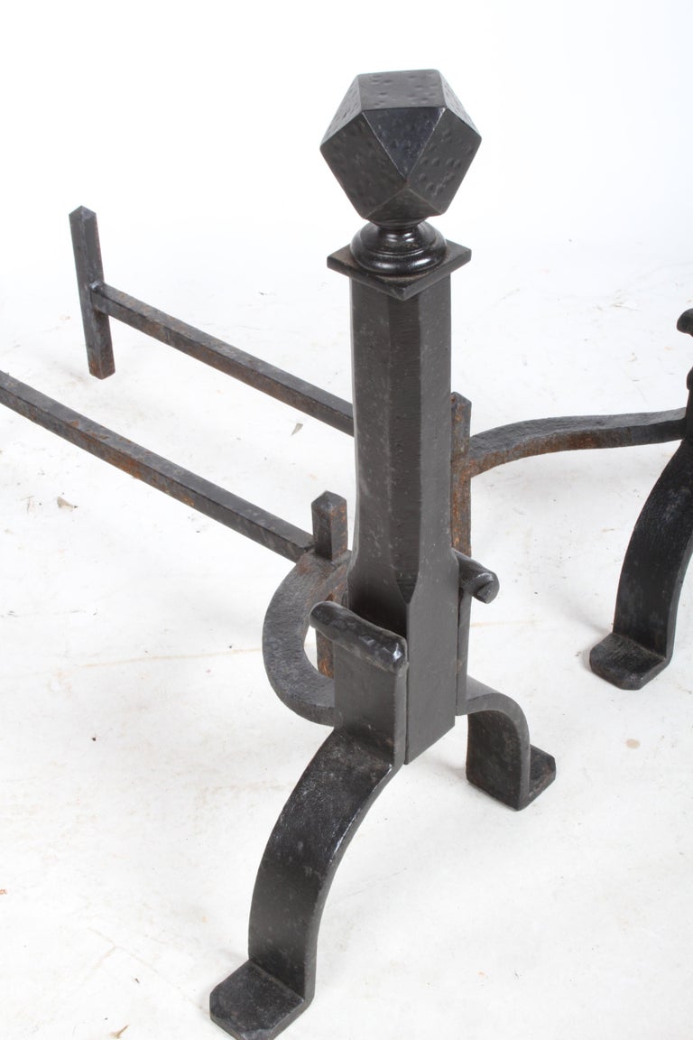 Wrought Iron Arts and Crafts Andirons and Tool Set For Sale at 1stDibs