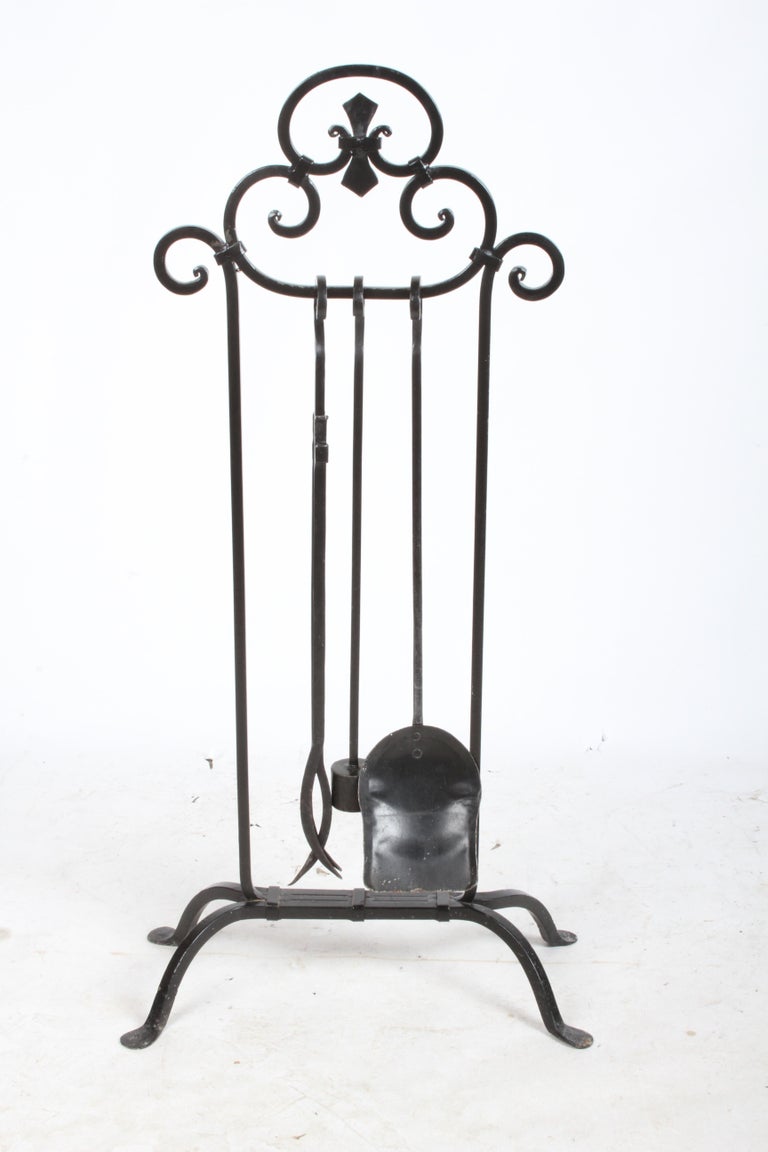 Wrought Iron Arts and Crafts Andirons and Tool Set For Sale at 1stDibs