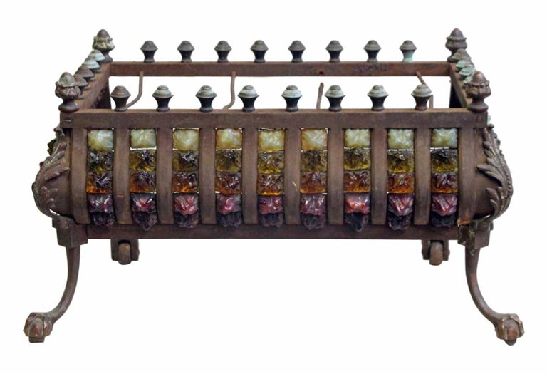 Wrought Iron and Bronze Log Holder Front Claw Feet with Colored Glass ...