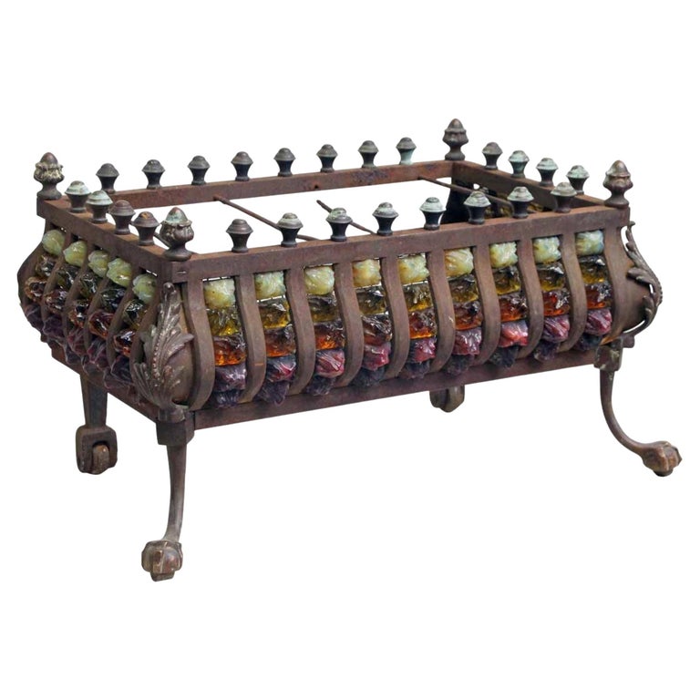 Wrought Iron and Bronze Log Holder Front Claw Feet with Colored Glass ...