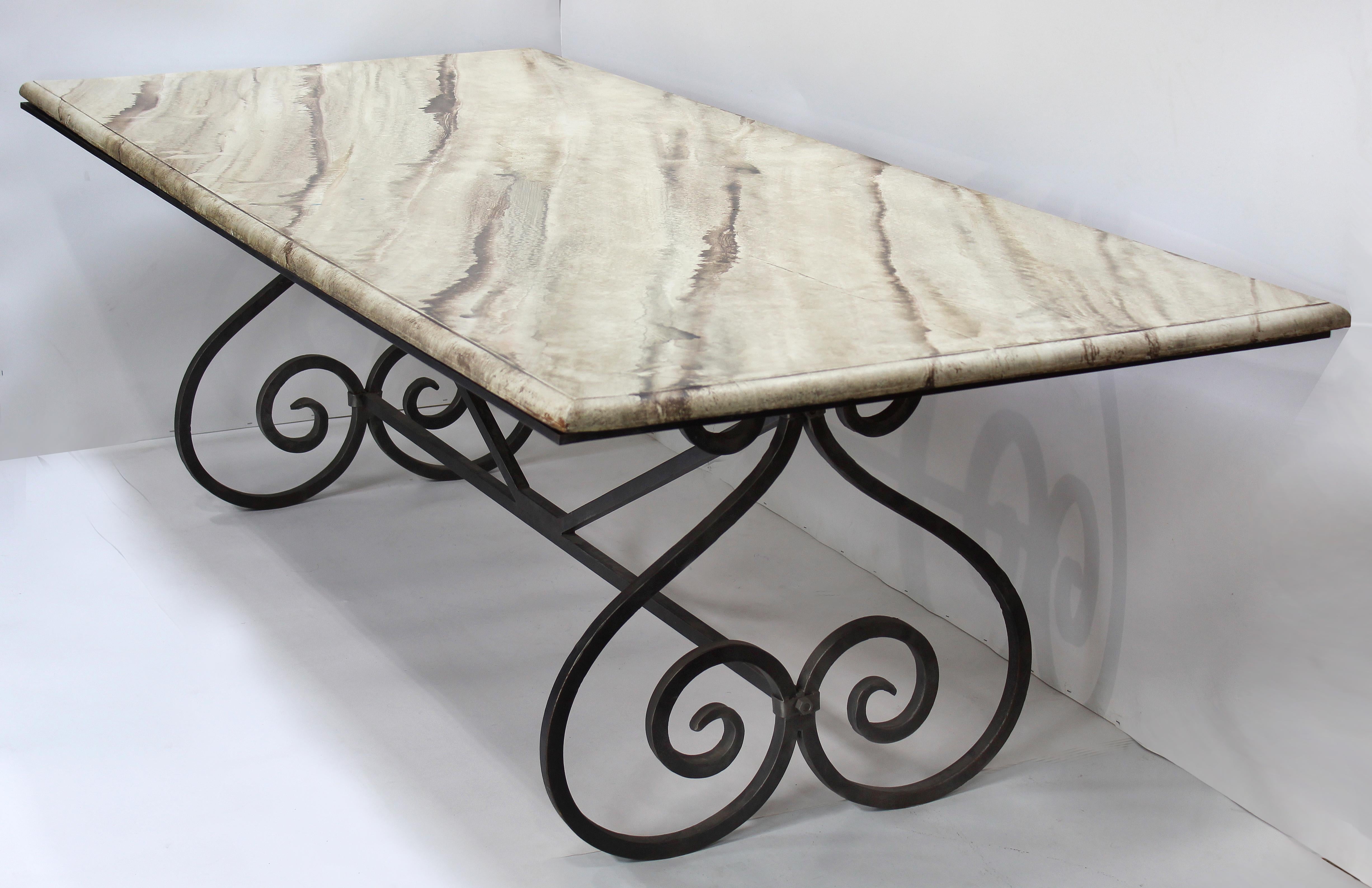 Wrought Iron Dining Table with Faux Painted Marble Top For Sale at 1stDibs