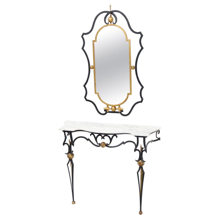 Wrought Iron Figural Marble Top Console Wall Gold Decorated Mirror Set ...