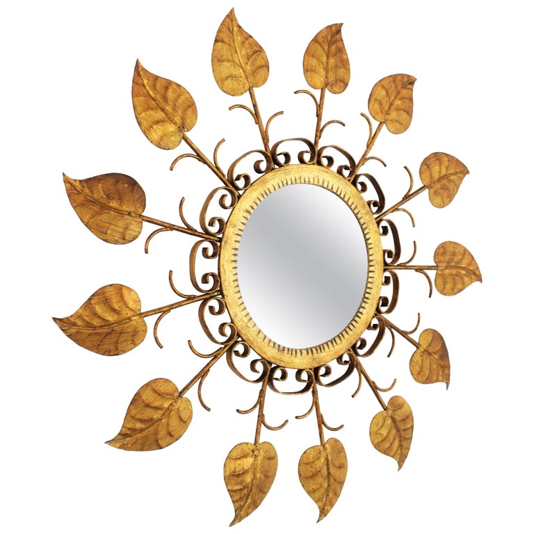 Wrought Iron Gilded Sunburst Mirror with Leaf and Scroll Motifs, Spain ...