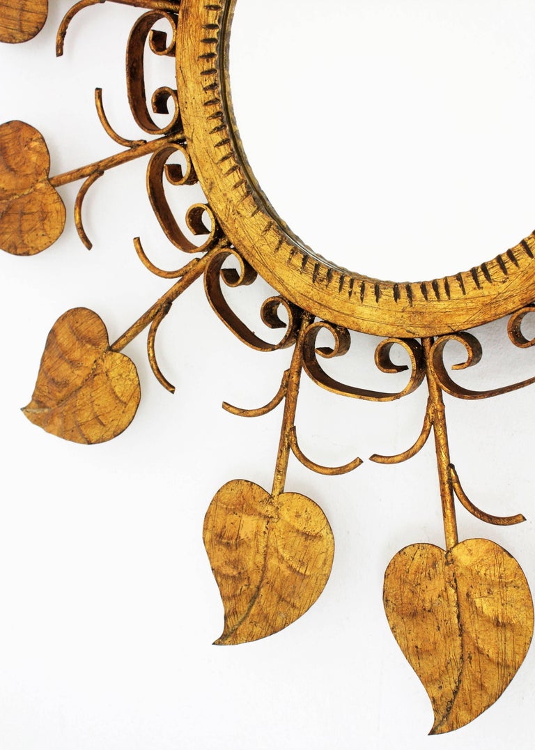 Wrought Iron Gilded Sunburst Mirror with Leaf and Scroll Motifs, Spain ...